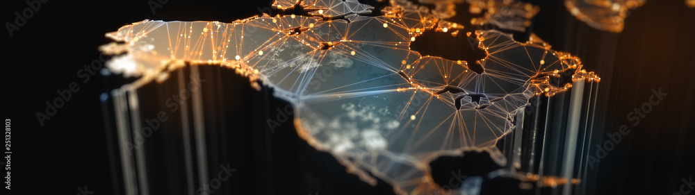 Digital mainlands from space. Cities and countries connected by plexus ...