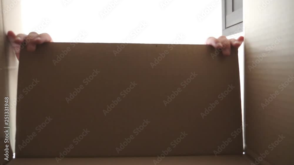 Little boy looks in box with emotions and feelings at face. Child ...