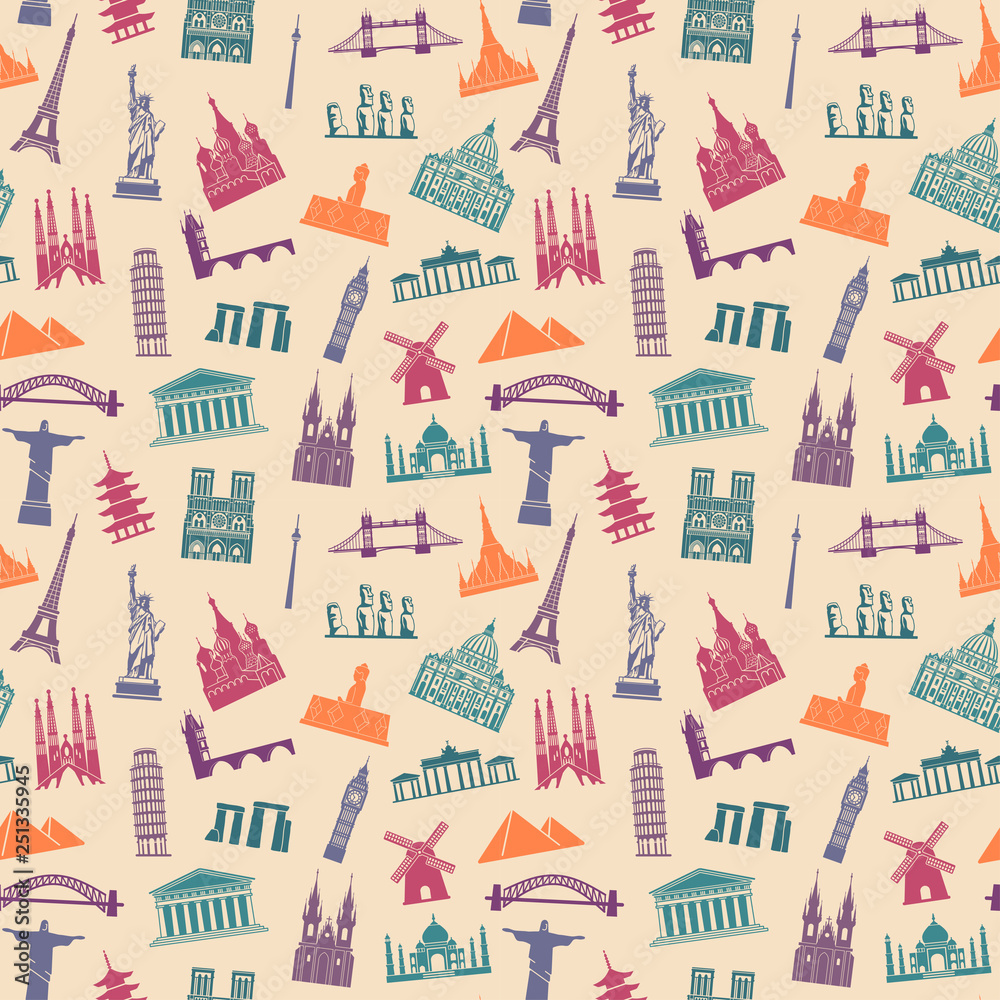Seamless background with tourist attractions and architectural ...