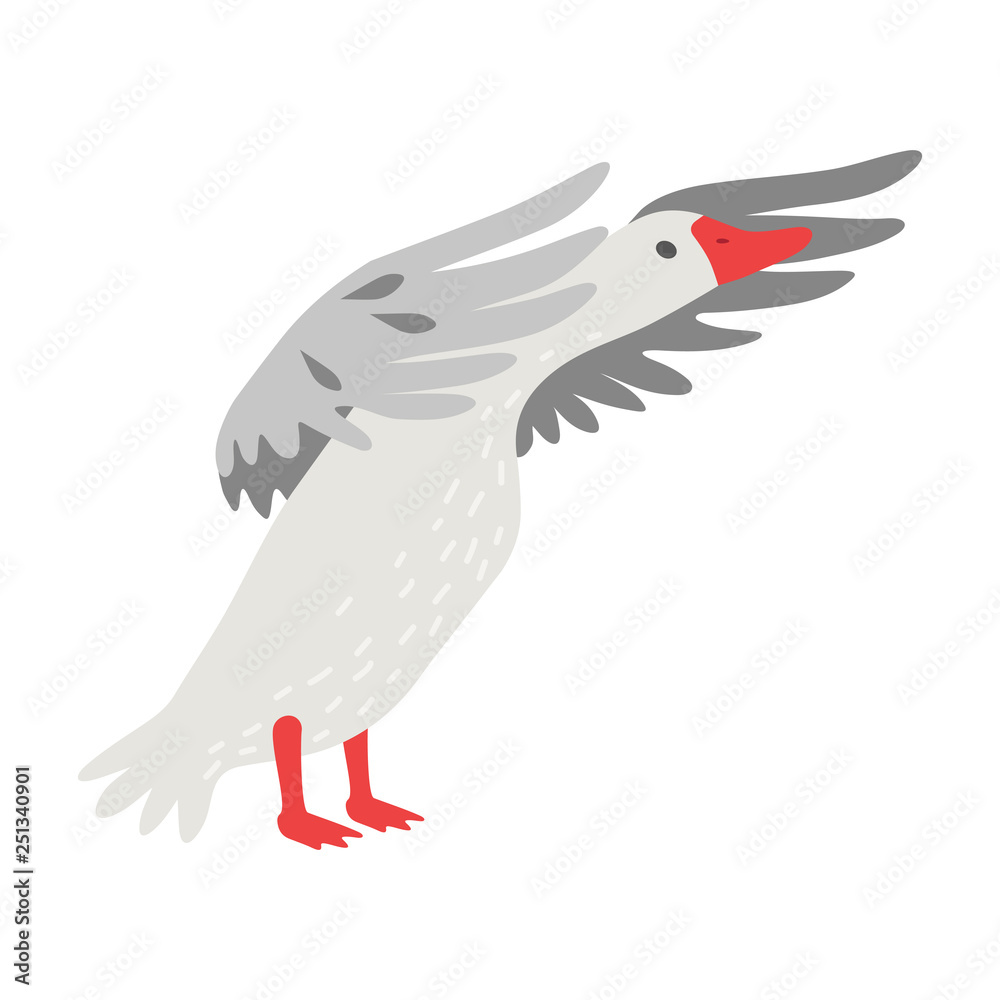 Cute White Goose Cartoon Character Flapping Its Gray Wings Vector ...