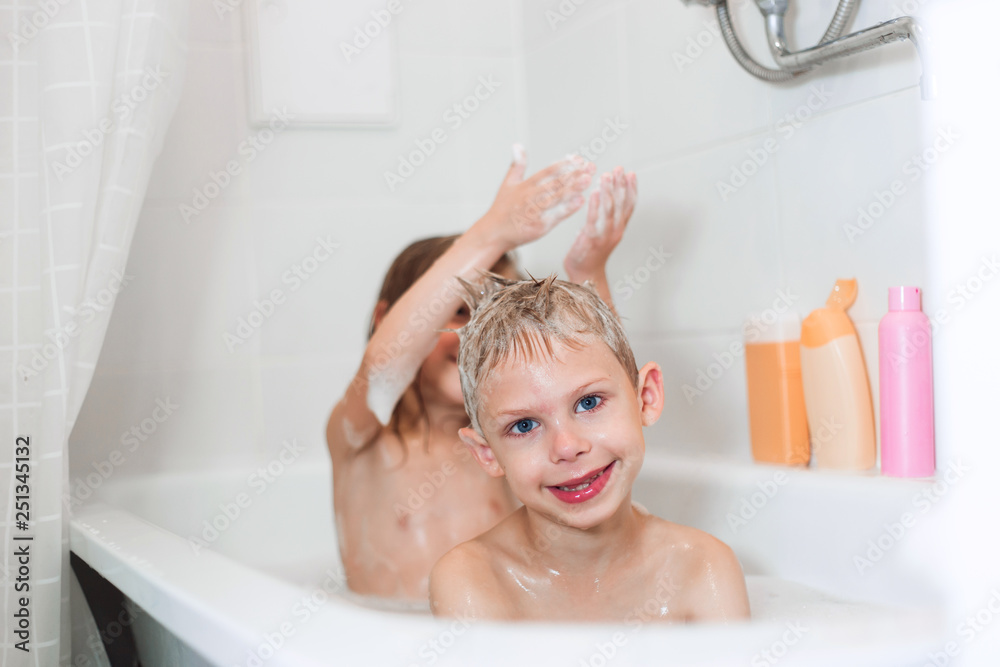 happy children boy and girl 6-7 years old, brother and sister have fun ...
