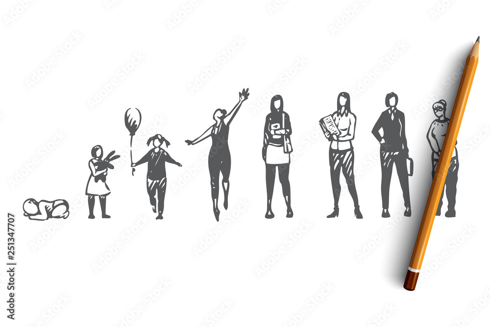 Aging, female, girl, woman, adult concept. Hand drawn isolated vector ...