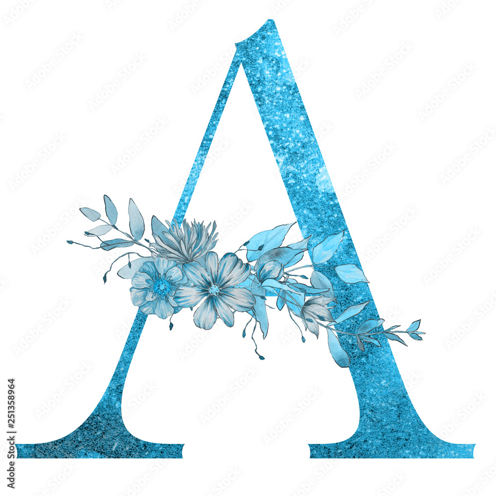 Ilustrace „Blue glitter watercolor letter of the alphabet with flowers and leaves on the white ...