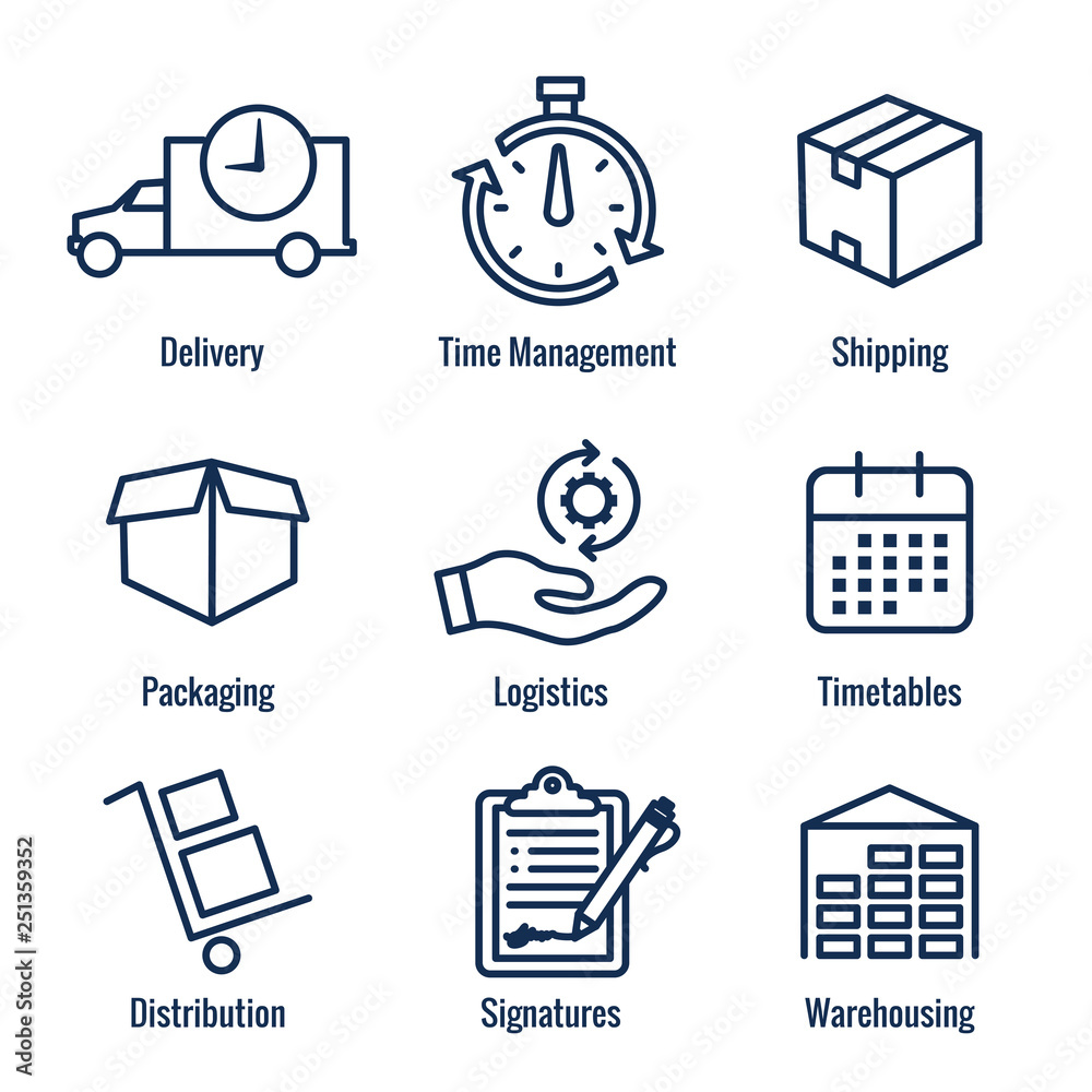 Shipping and Receiving Icon Set with Boxes, Warehouse, checklist, etc ...