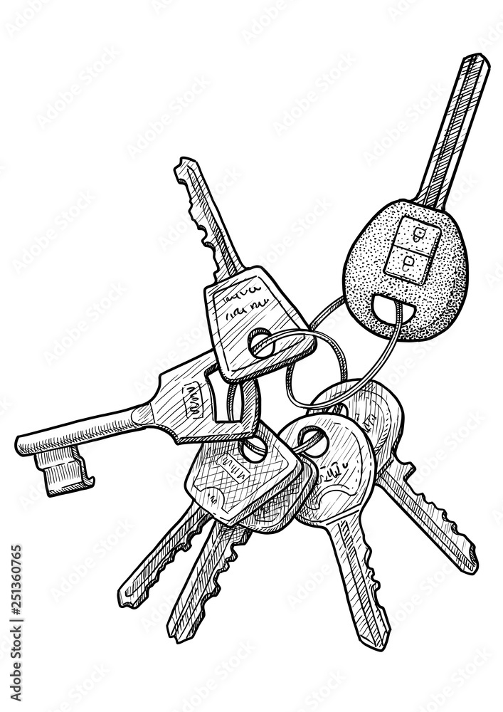 Bunch of keys illustration, drawing, engraving, ink, line art, vector ...