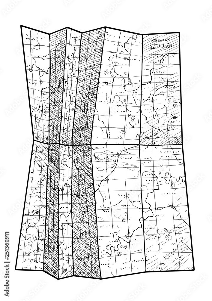Folded map illustration, drawing, engraving, ink, line art, vector ...