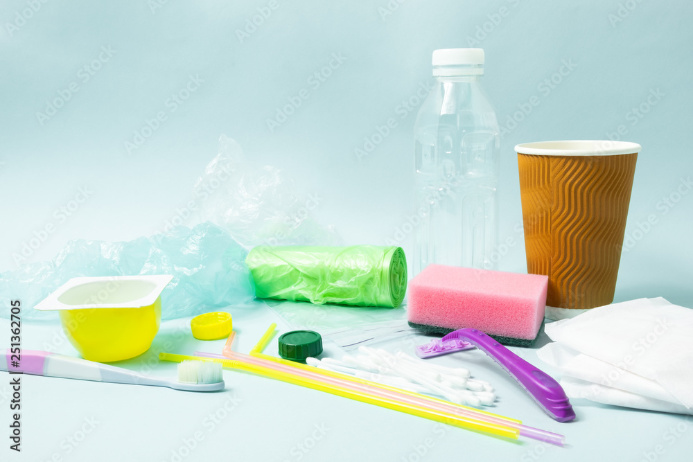 Plastic waste concept: variety of single use objects that get thrown ...