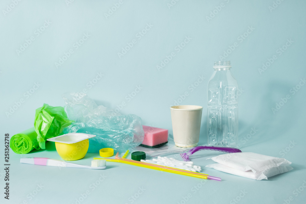 Plastic waste concept: variety of single use objects that get thrown ...