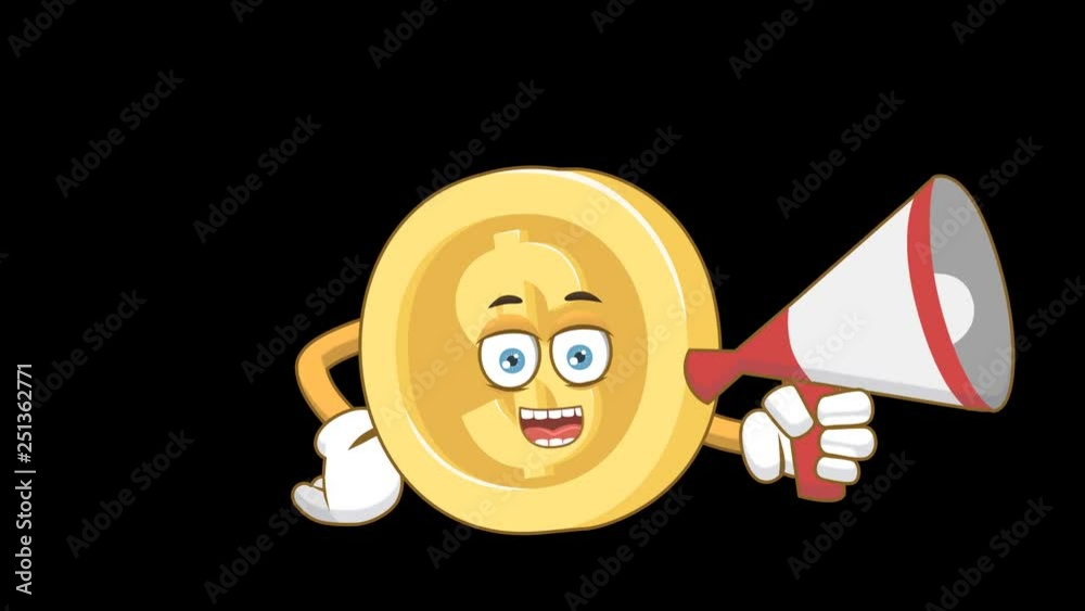 Cartoon dollar coin animated character face speaker with megaphone with ...