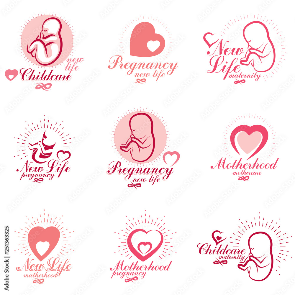 Vector embryo and newborn emblems set isolated on white. New life ...