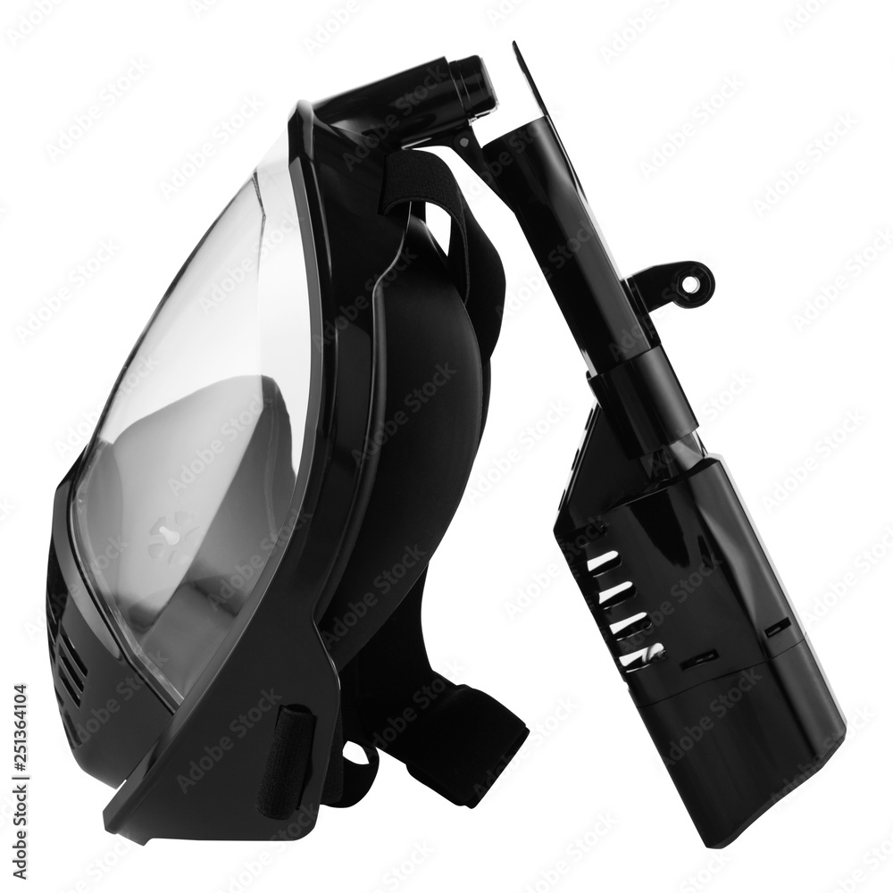 black full face mask for diving with a folded tube, on a white ...