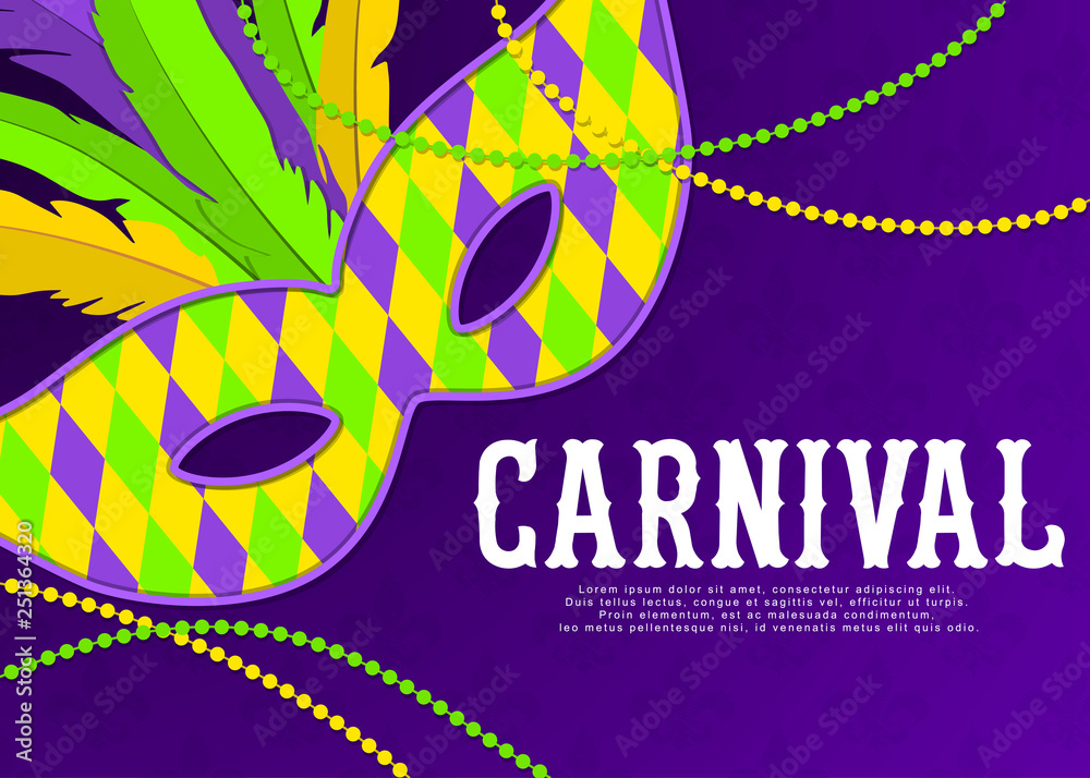 Carnival background with mask and feathers. Beautiful masquerade design ...