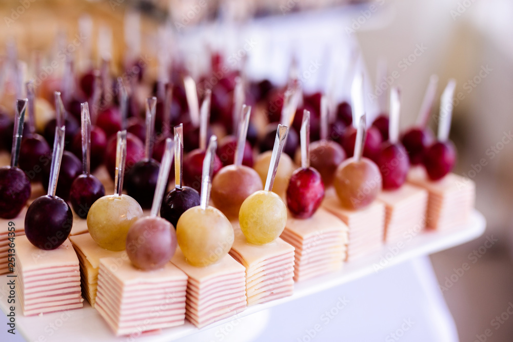 Light snacks in a plate on a buffet table. Assorted mini canapes ...