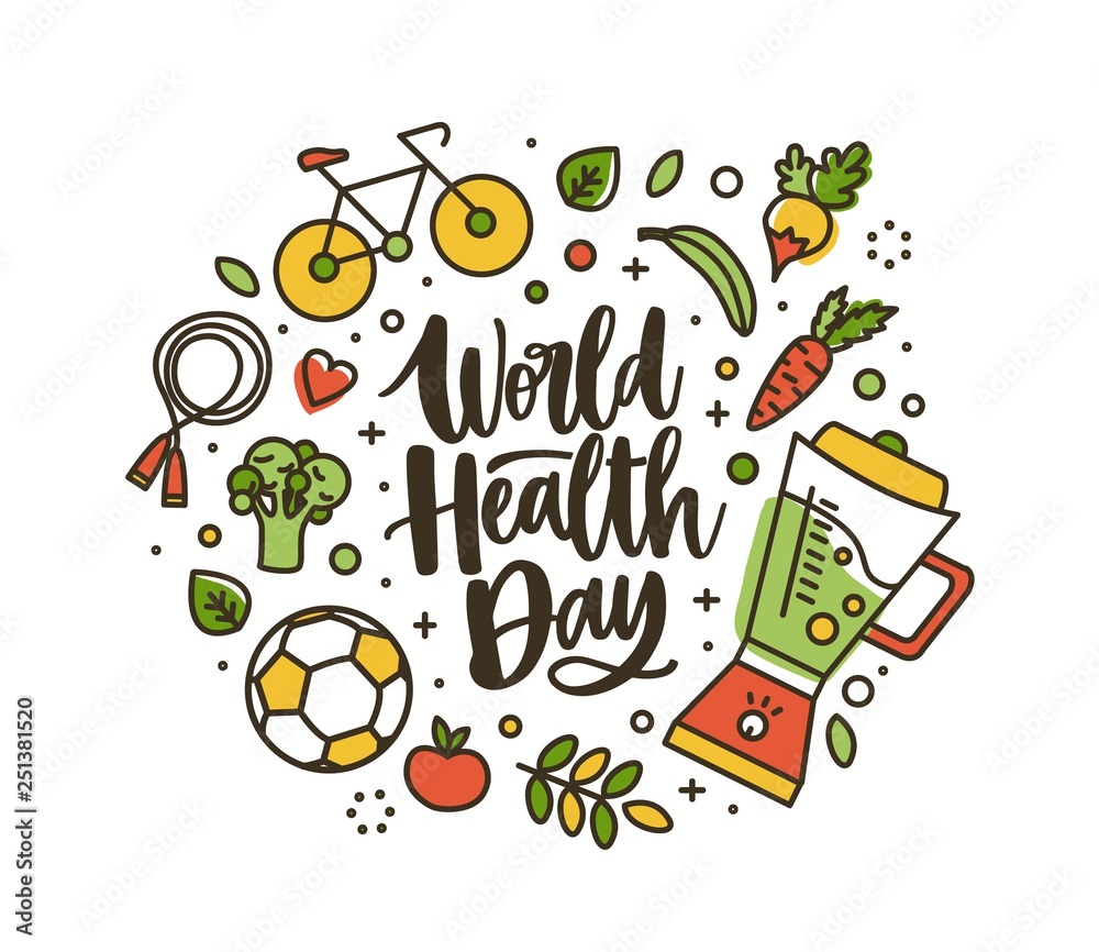 World Health Day lettering handwritten by cursive font and surrounded ...