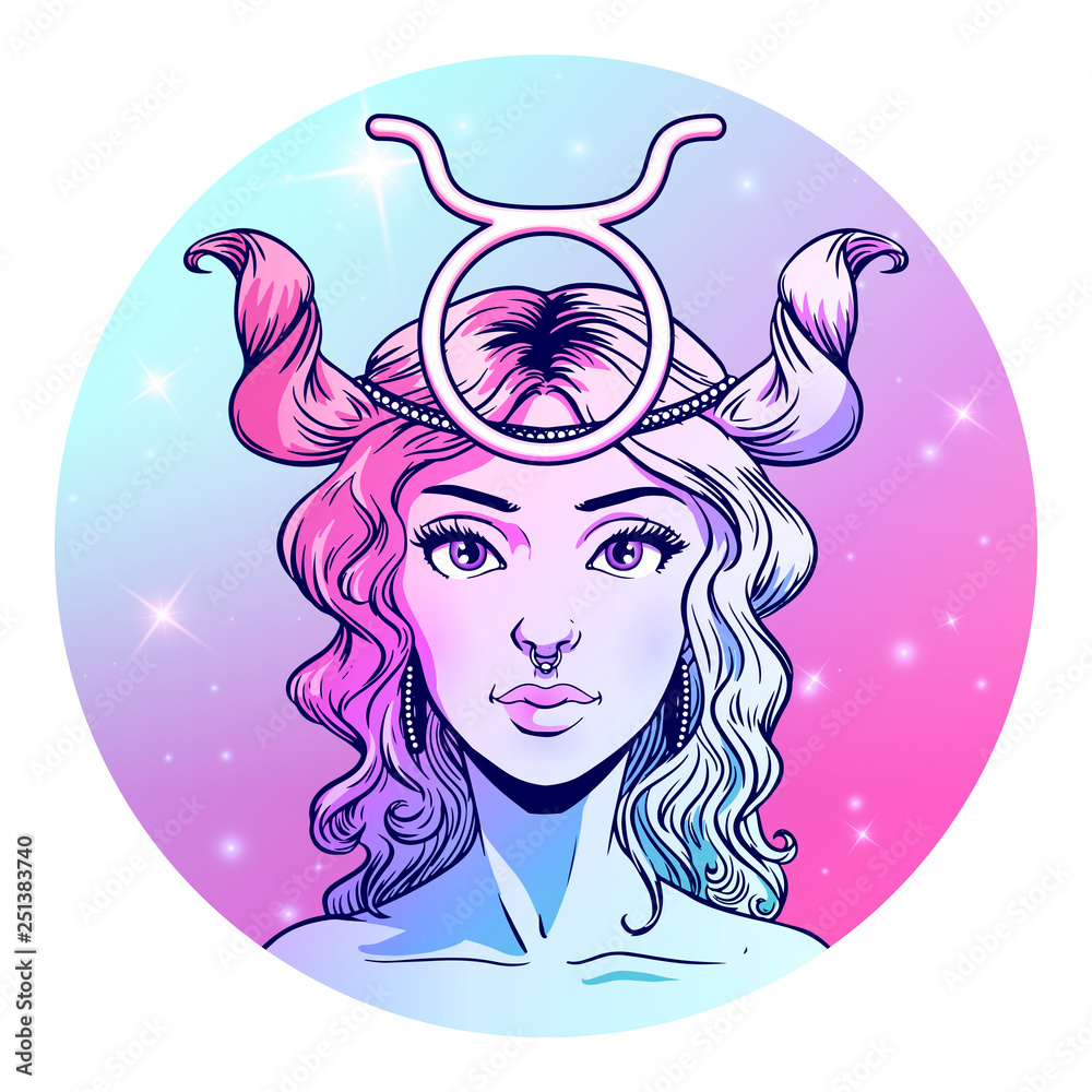 Taurus zodiac sign artwork, beautiful girl face, horoscope symbol, star ...