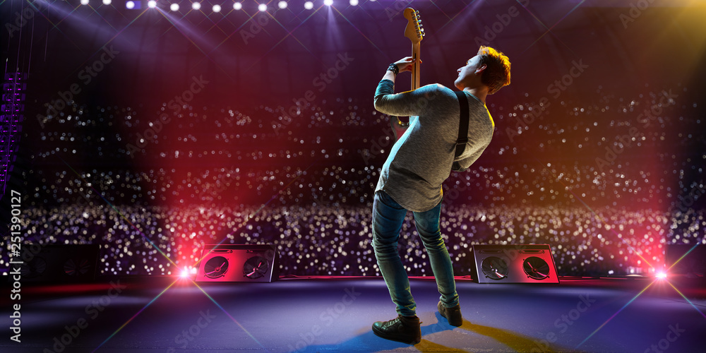 Rock star on the main stage big music festival. Aroun full stadium of ...