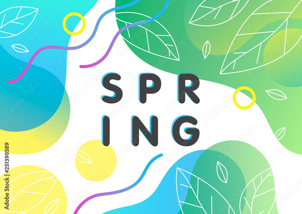 Unique spring card with bright gradient background,tiny leaves,fluid ...