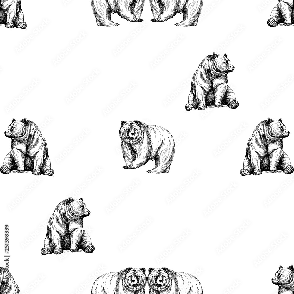 Seamless pattern of hand drawn sketch style bears isolated on white ...