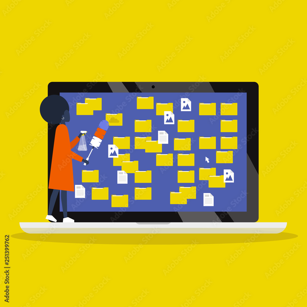 Young black female character cleaning up the desktop folders. Digital ...