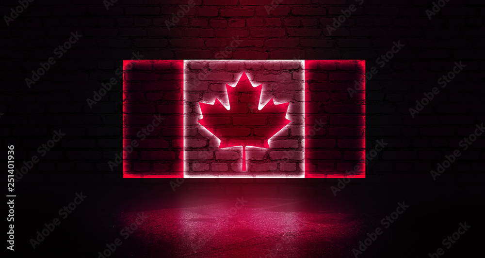 Canada neon flag on old brick wall background. Neon multicolored light ...