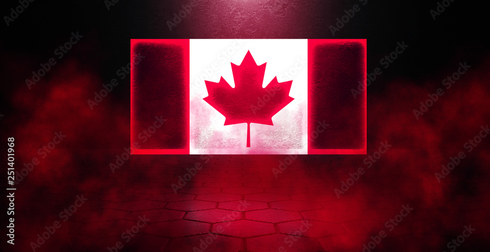 Canada neon flag on old brick wall background. Neon multicolored light ...