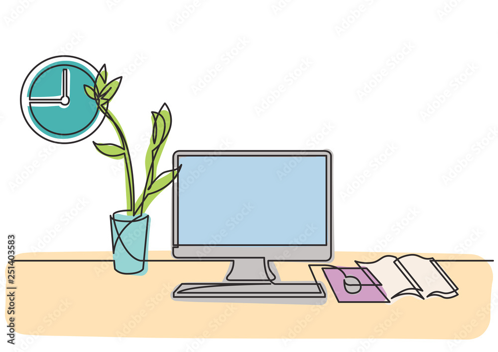 continuous line drawing of work desk with computer and flower Stock ...