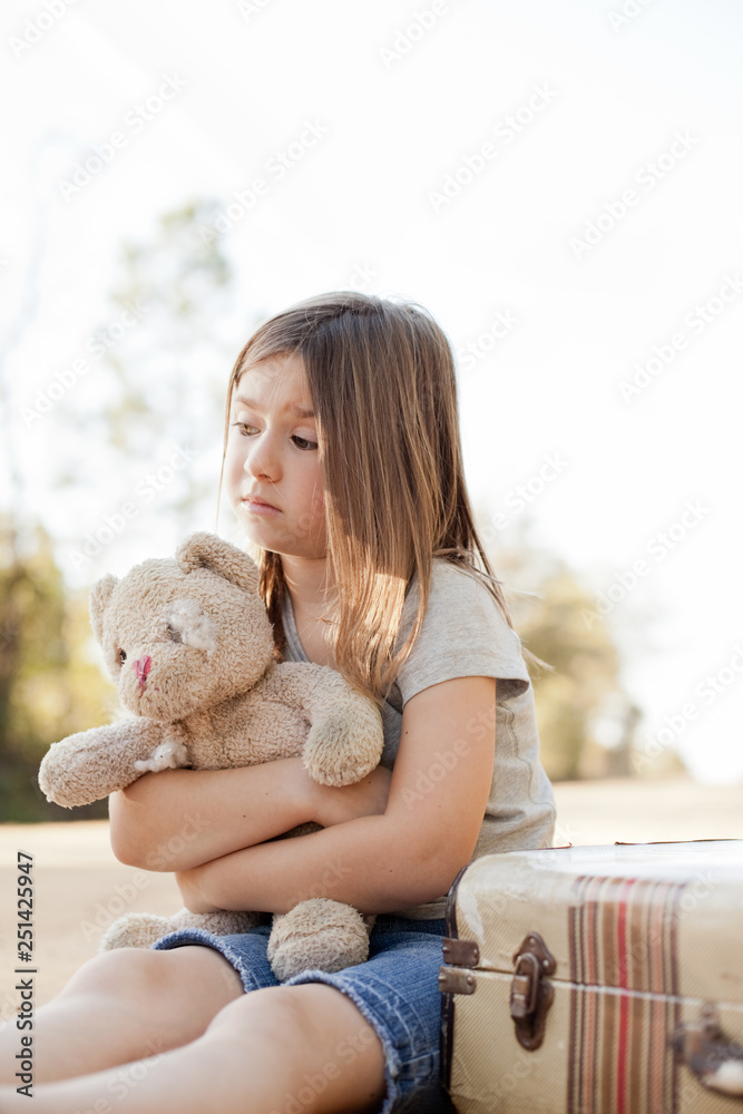Little Girl with Ragged Teddybear and Suitcase - Poverty, Homelessness ...