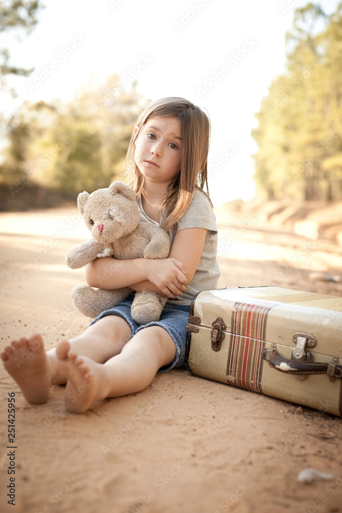 Little Girl with Ragged Teddybear and Suitcase - Poverty, Homelessness ...