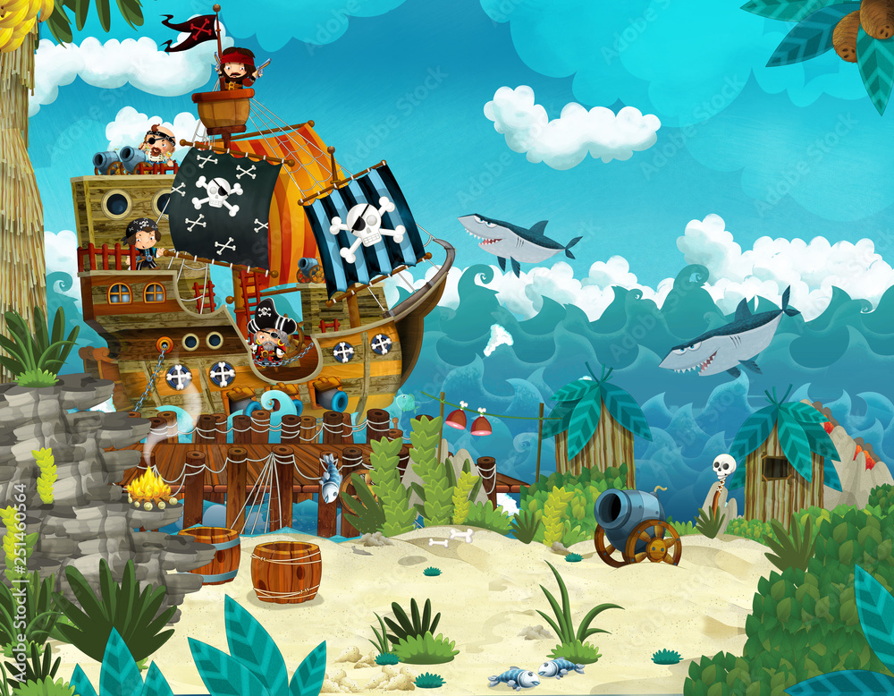 Cartoon scene of beach near the sea or ocean - pirate ship ...