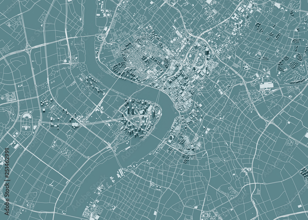 Satellite view of Shanghai, map of the city with house and building ...