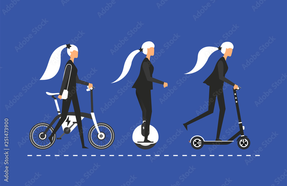 Cartoon picture with woman, girl riding, enjoying fast modern electric ...