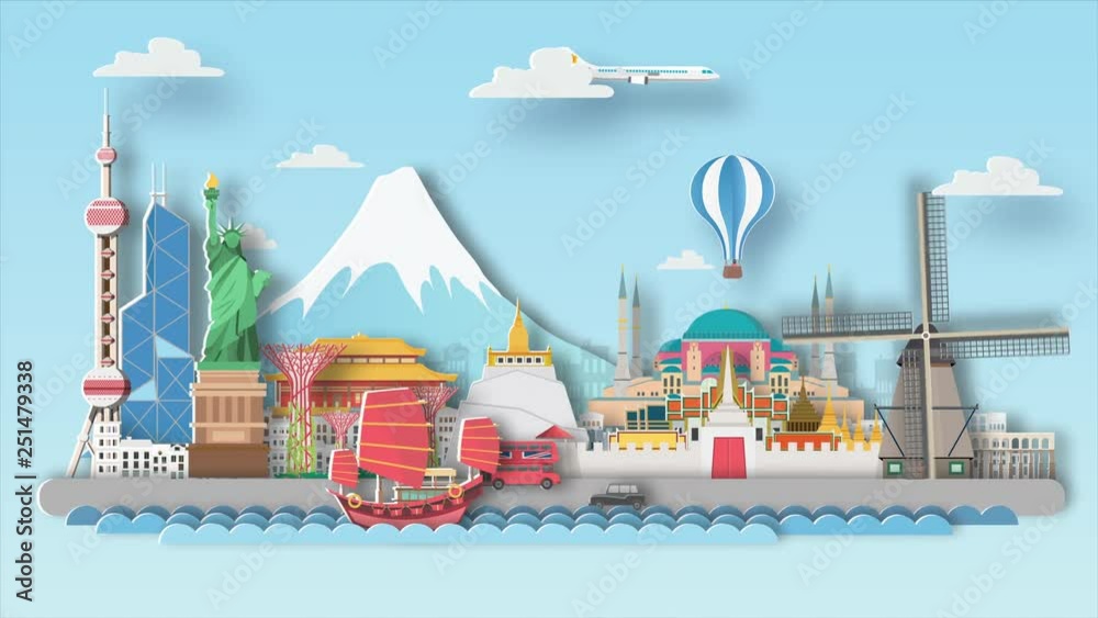 world travel destination background video animation ,flat cartoon and ...