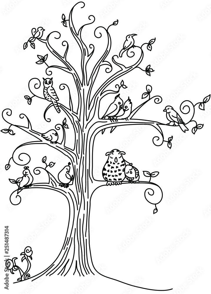 Tree full of Birds Coloring Page Stock Vector | Adobe Stock