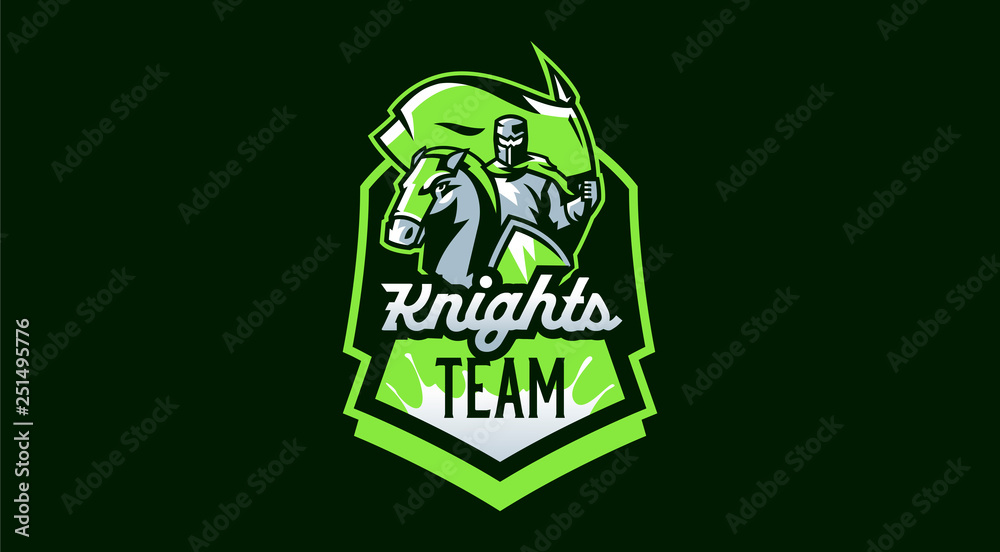 Knight emblem with a flag, horse rider. Knight prancing a horse holding ...