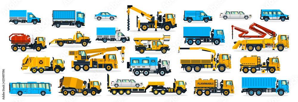 A large set of construction equipment, wheeled transport. Cars serving ...