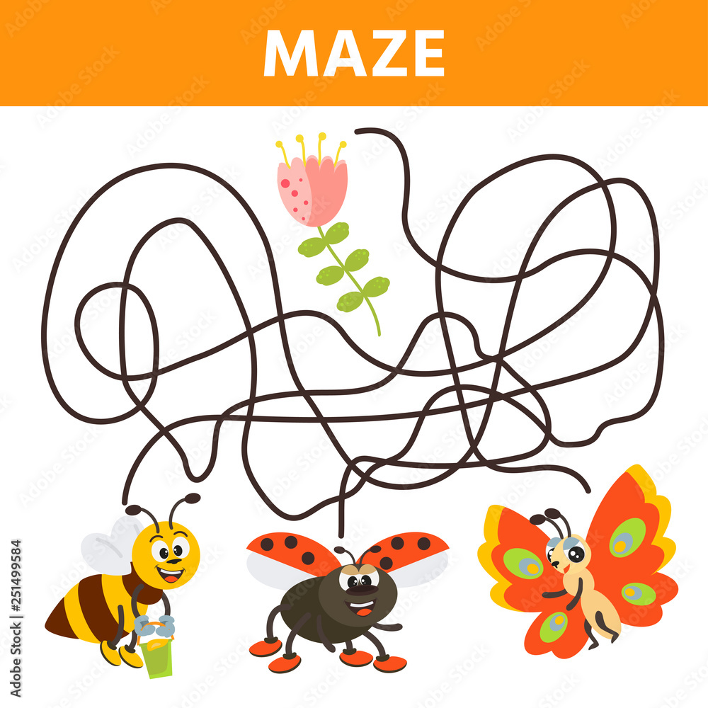 Cartoon maze for kids with cute bee and flower. Labyrinth. Maze game ...