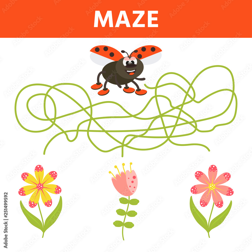 Maze with ladybug and flowers. Game for kids. Vector illustration ...