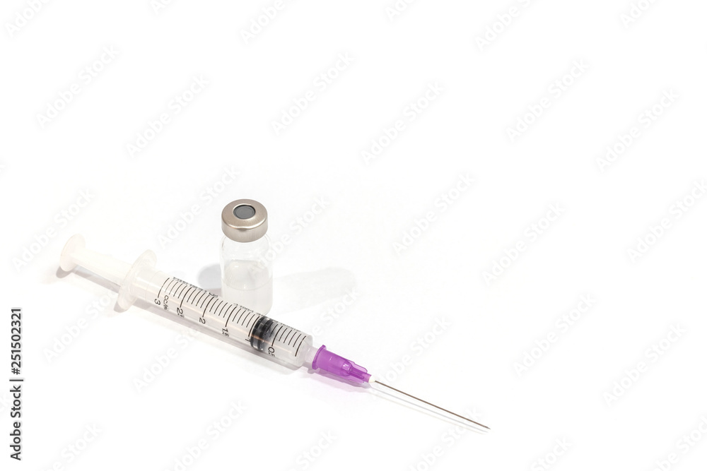 Vials with medication and injection needle isolated on white background ...