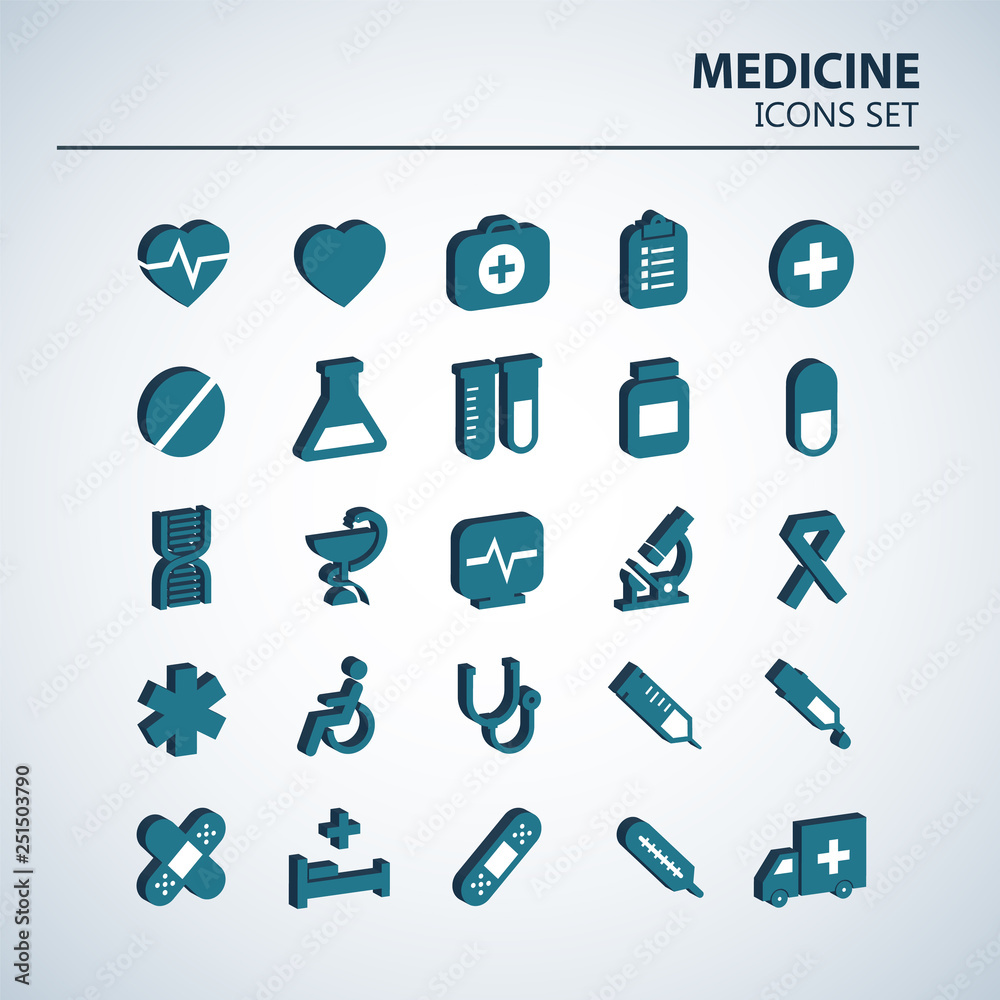 Medical 3D icon set. 25 volumetric hospital vector signs. Medicine ...