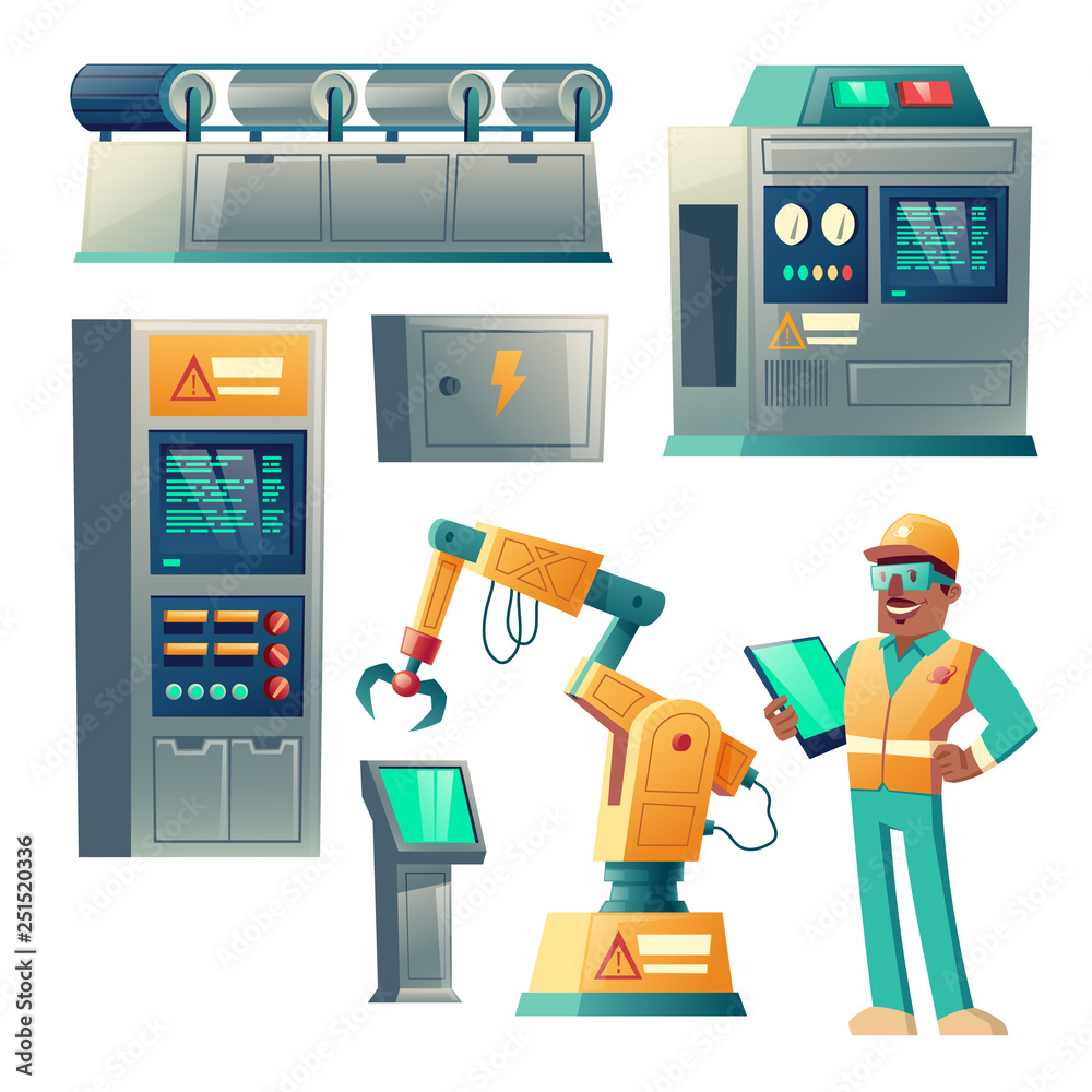 Industrial equipment, machines cartoon vector set isolated on white ...