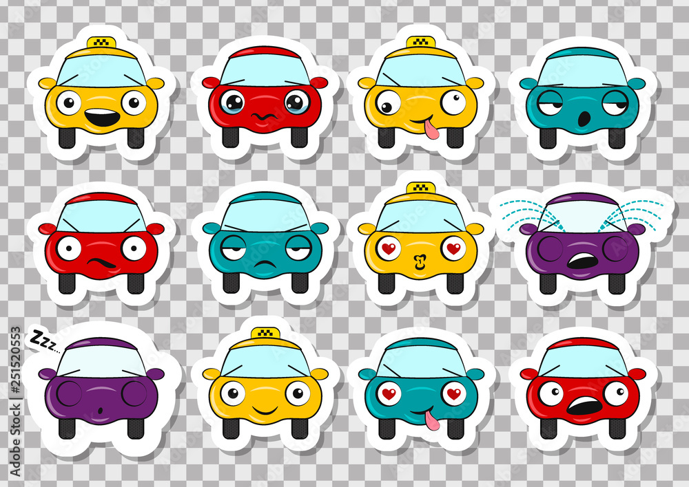 Set of stickers with funny cartoon cars on a transparent background ...