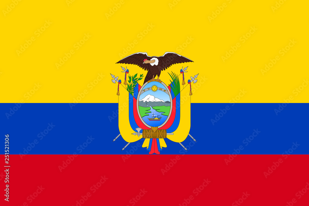 National flag of republic Ecuador with emblem. Ecuadorian patriotic ...