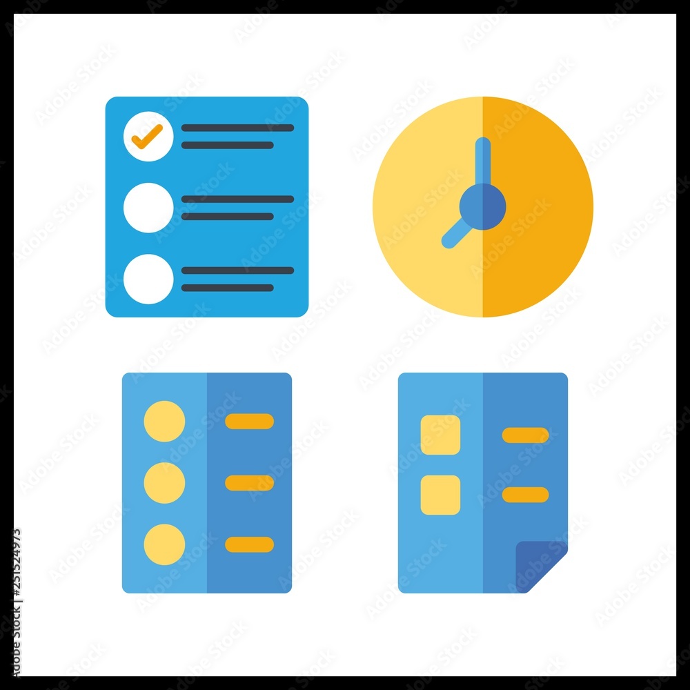 4 tick icon. Vector illustration tick set. list and clock icons for ...