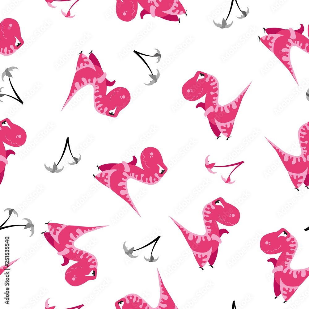 Seamless dinosaur pattern. Animal white background with pink dino ...