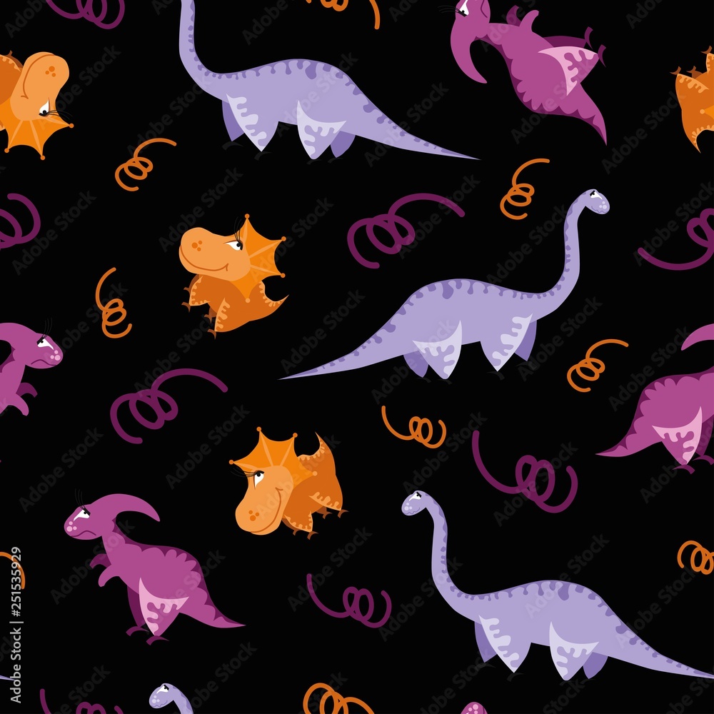 Seamless dinosaur pattern. Animal black background with colorful dino ...