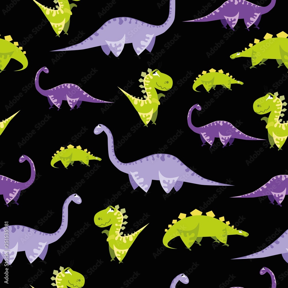 Seamless dinosaur pattern. Animal black background with colorful dino ...