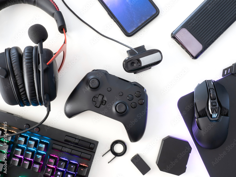 streaming games concept, top view a gaming gear, mouse, Webcams ...