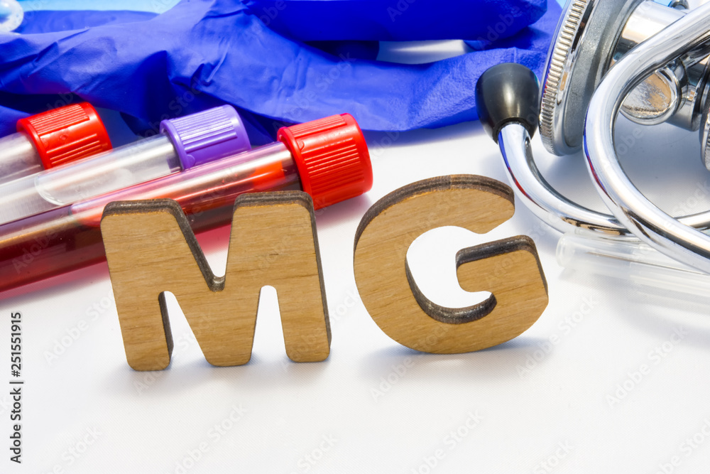 MG abbreviature mean Magnesium electrolyte with lab tubes with blood ...