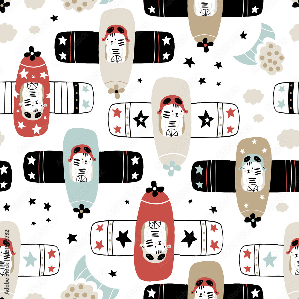 Seamless childish pattern with tigers pilot on planes . Creative hand ...