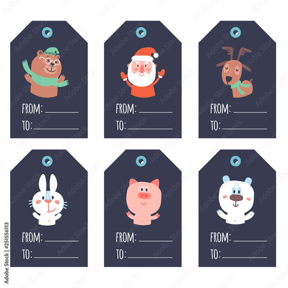 Collection of blue Christmas and New Year cute ready-to-use gift tags ...